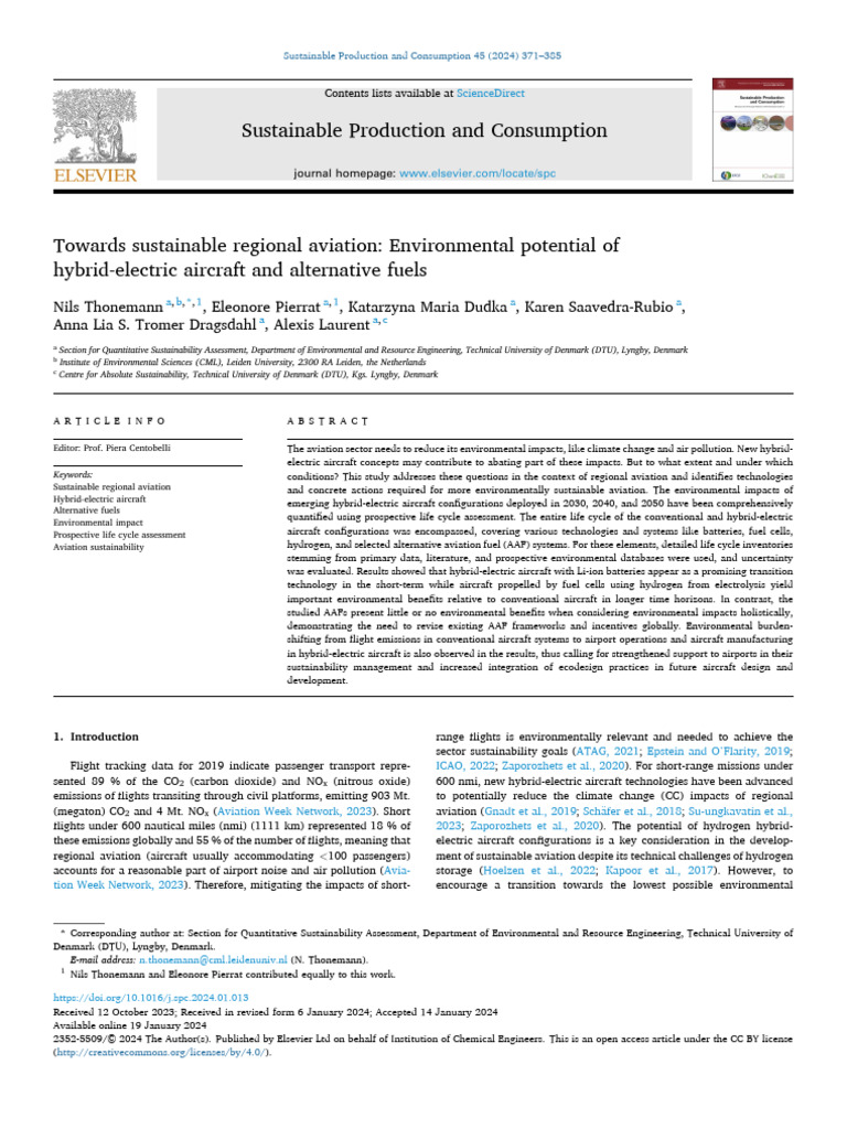 Towards Sustainable Regional Aviation Environmental Potential of Hybrid Electric Aircraft and ...