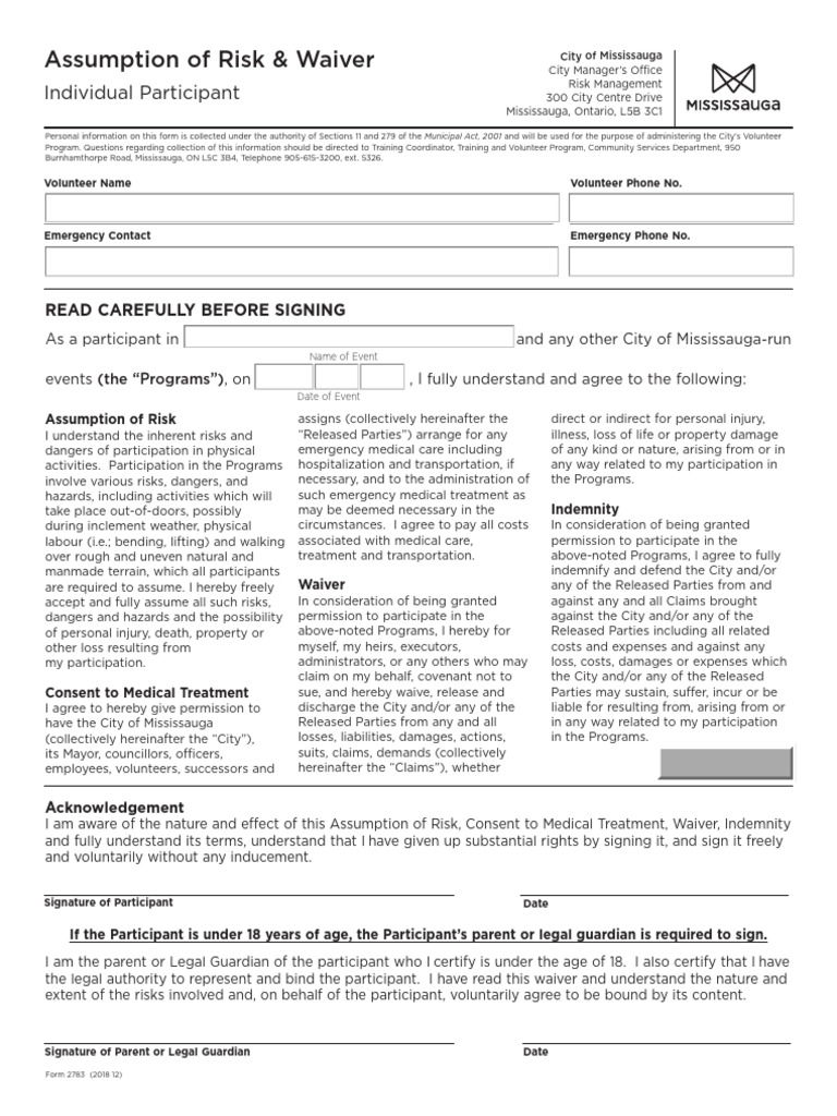 Mississauga Volunteer Risk Waiver Form | PDF | Indemnity | Common Law