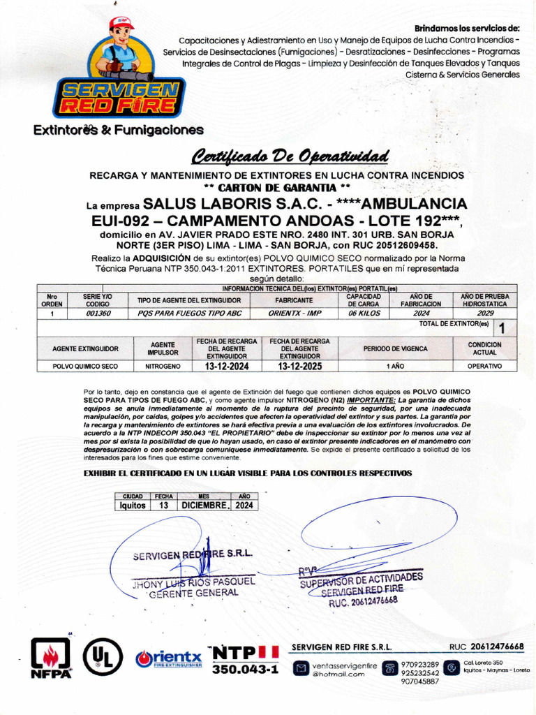 Certificado de Operatividad Extintor - Campamento Andoas - Lote 192 | PDF