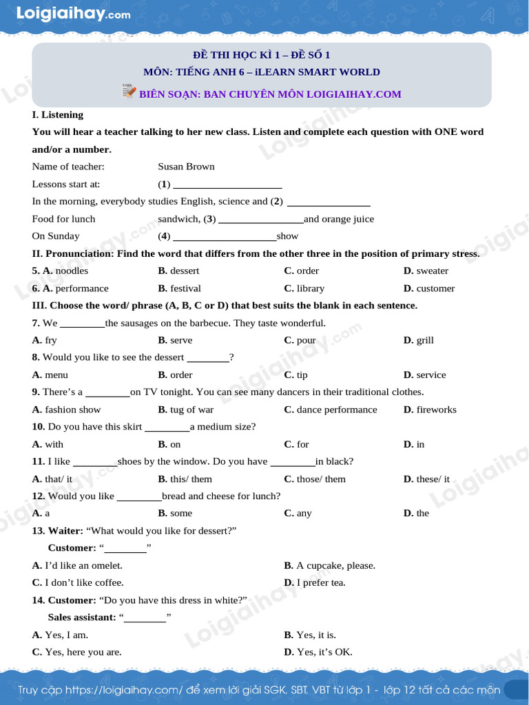 De Thi Hoc Ki 1 Tieng Anh 10 Ilearn Smart World de So 1 1668067080 | PDF