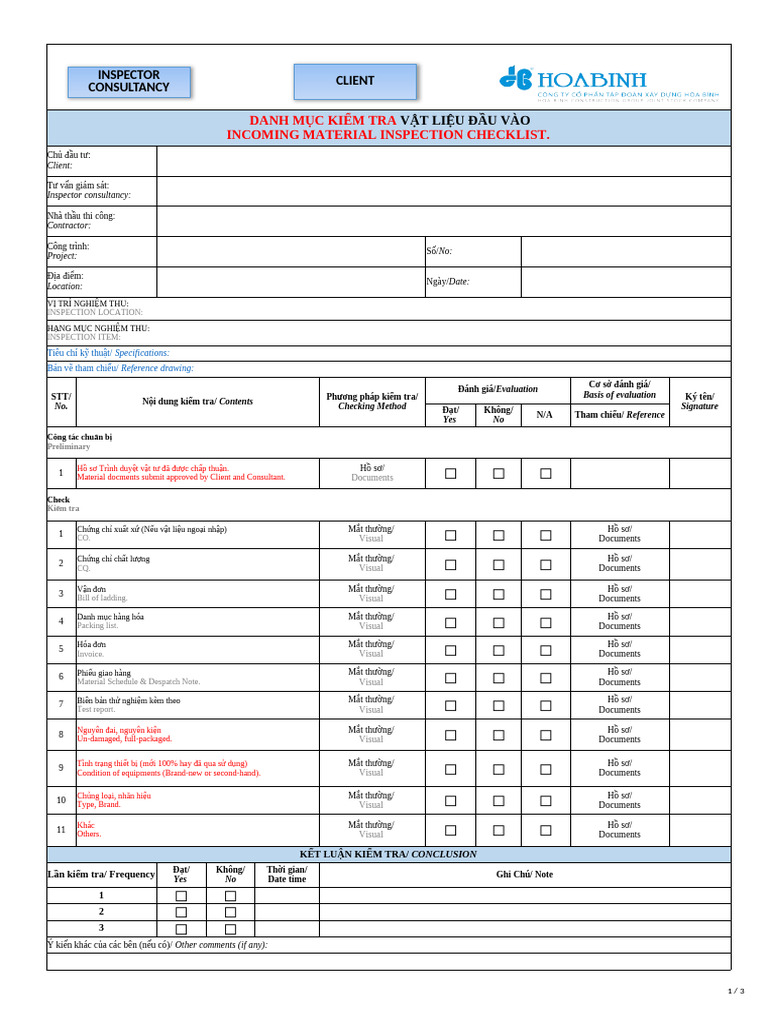 CHK.1-022500.HBC - Mep.checklist - Vat Lieu Dau Vao | PDF