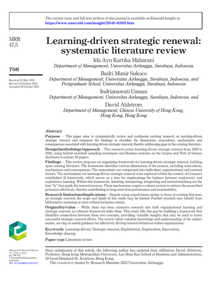Learning driven strategic renewal systematic literature review | PDF | Innovation | Learning