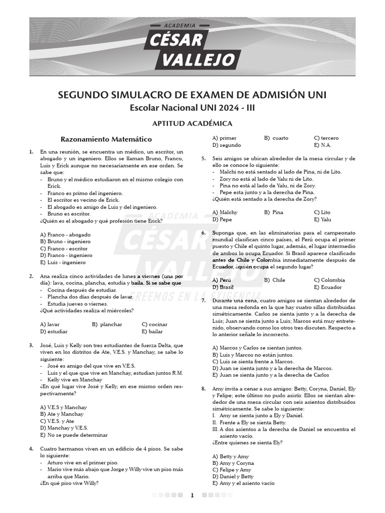 2 Ex Esc Nac UNI | PDF | Electrón | Configuración electronica