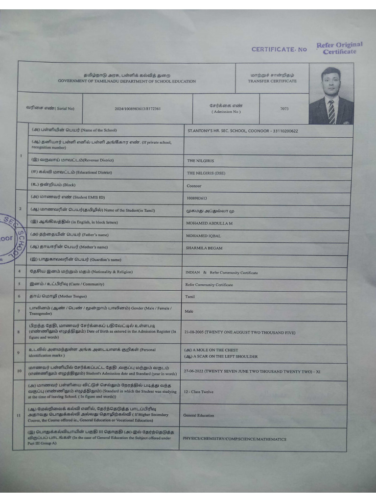12th STD Transfer Certificate | PDF