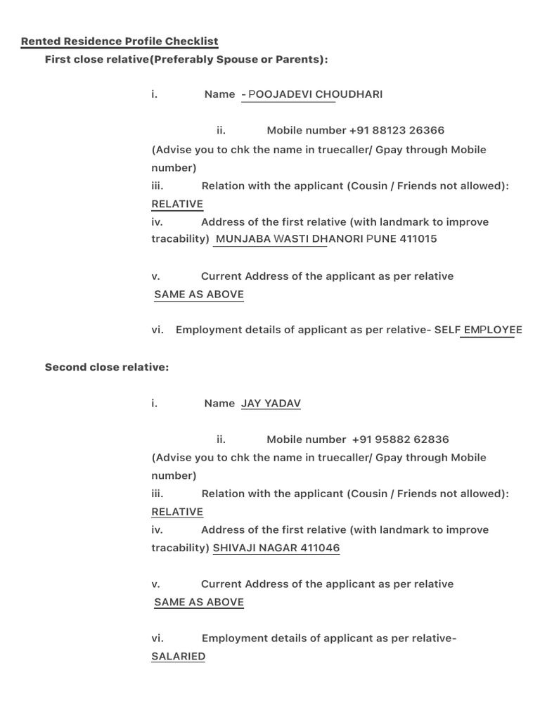 Rented Residence Profile Checklist | PDF