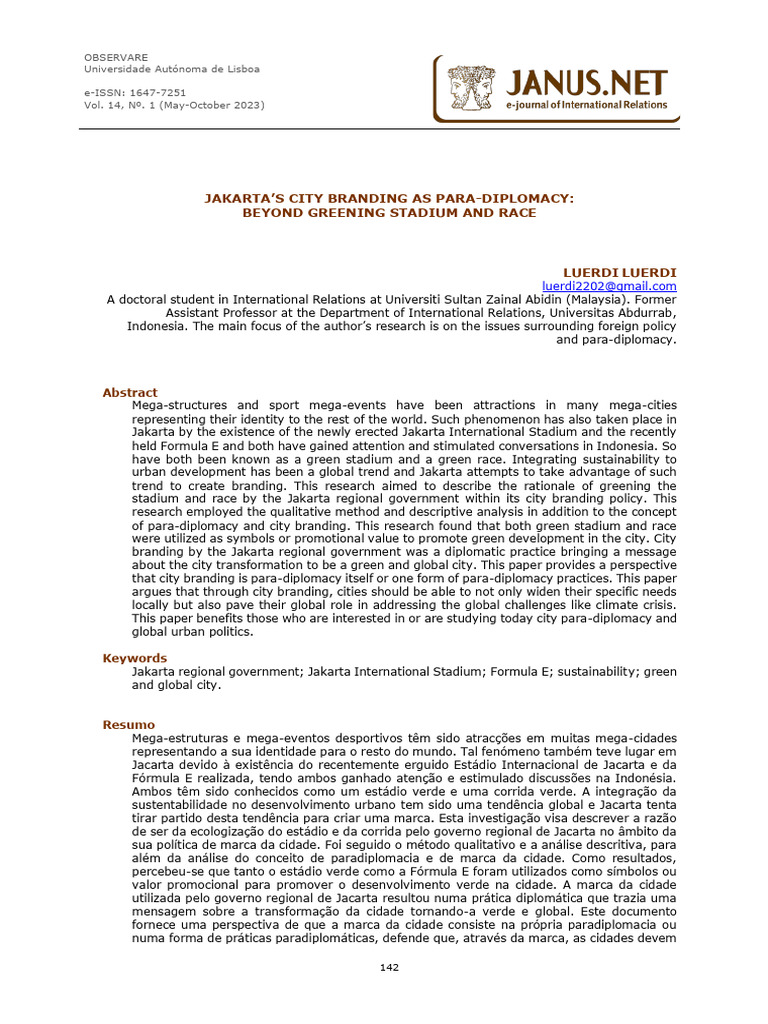 Jakarta's City Branding As Para-Diplomacy: Beyond Greening Stadium and ...