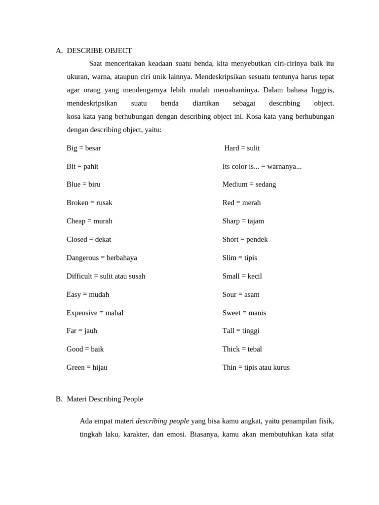 Describe Object, Person, and Place | PDF