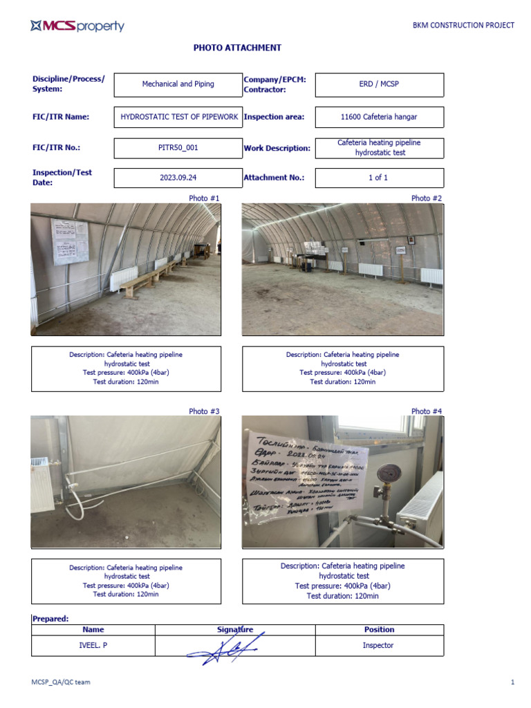 Cafeteria Hangar Heating Pipe Test | PDF | Hydraulics | Home Appliance