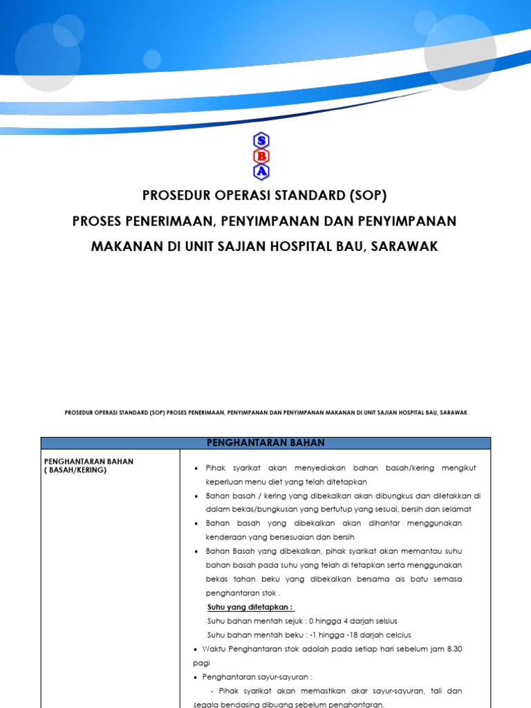 Sba - Sop Penerimaan, Penyimpanan Dan Penyediaan Makanan Di Unit Sajian ...