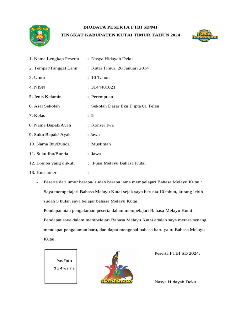 Biodata Peserta Ftbi SD 2024 | PDF