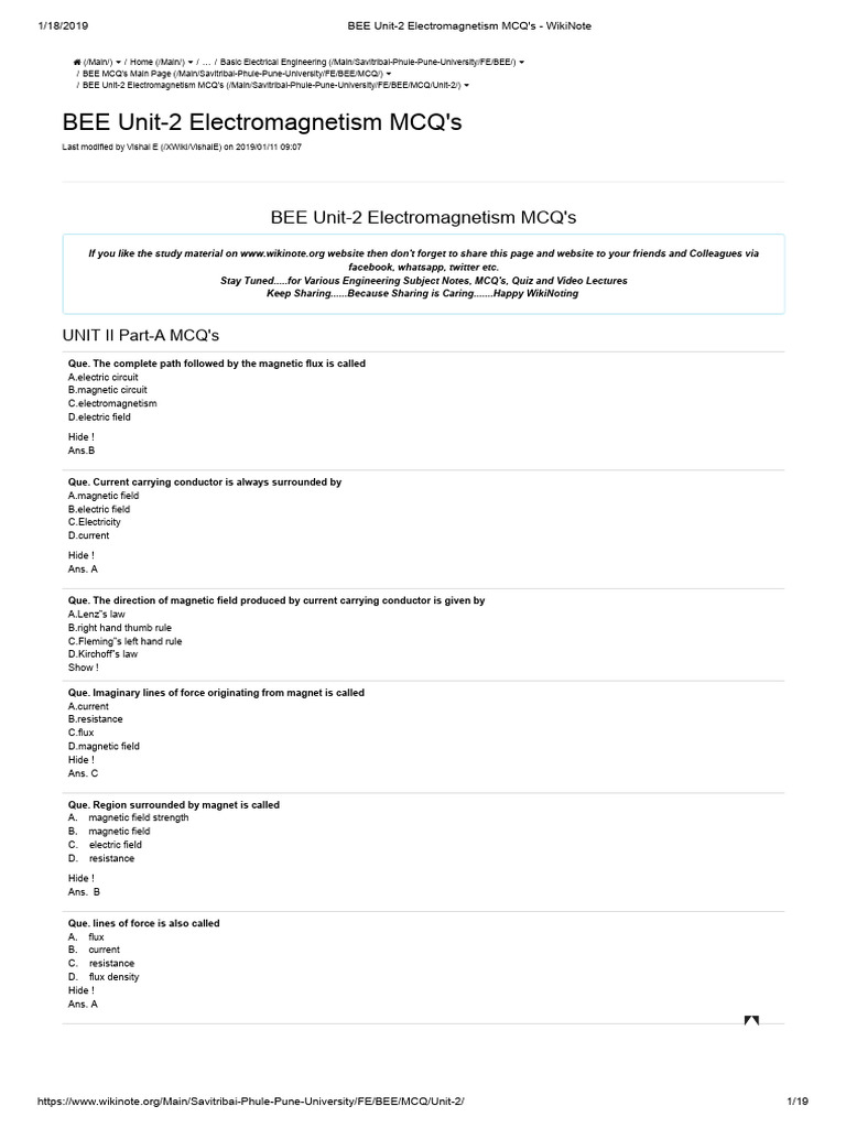 Electromagnetism MCQ's | PDF | Electromagnetic Induction | Inductance