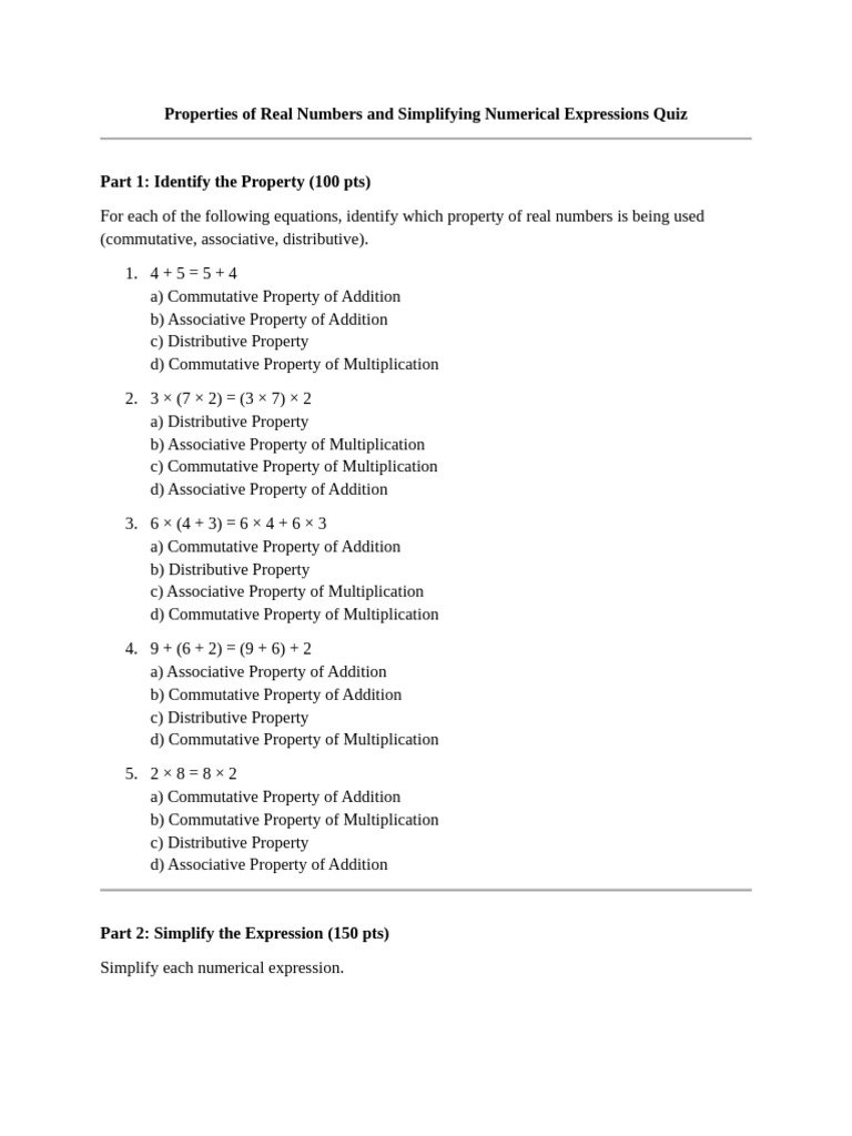 Properties of Real Numbers and Simplifying Numerical Expressions Quiz | PDF