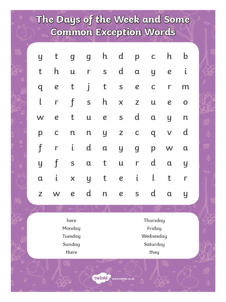 Word Search Days of The Week Some Common Exception Words | PDF