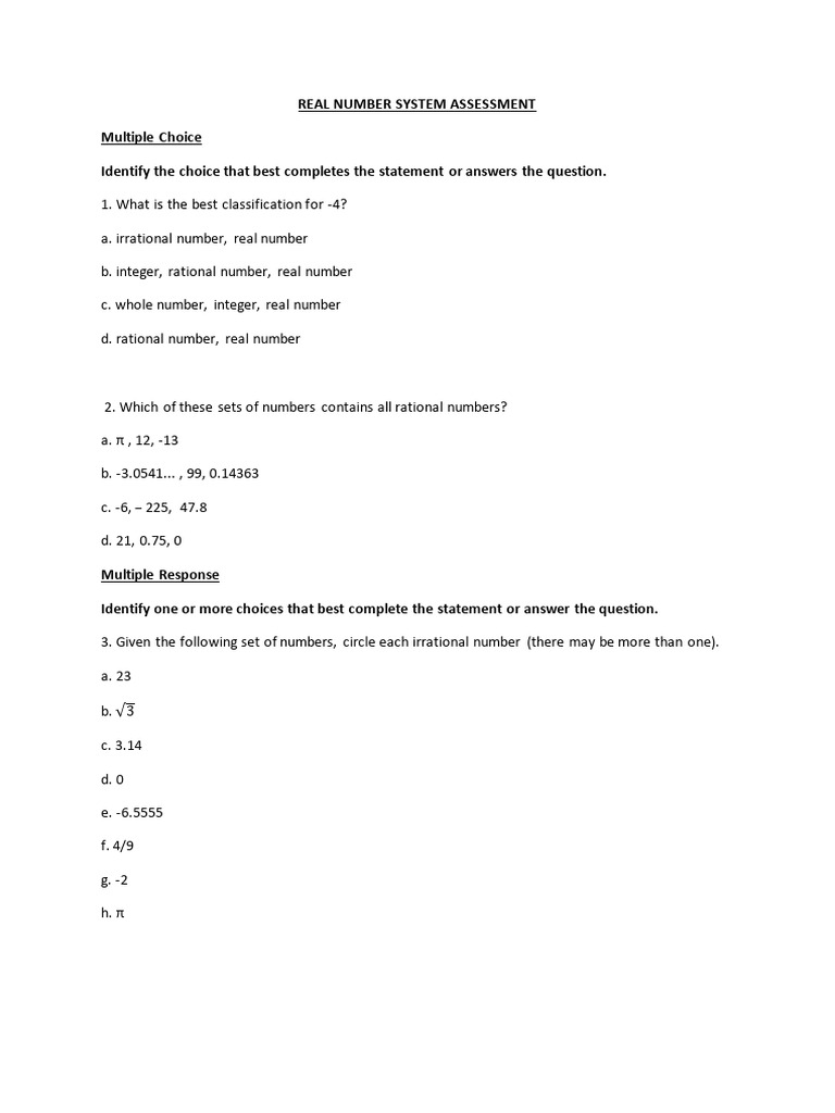 Real Number System Quiz Assessment | PDF
