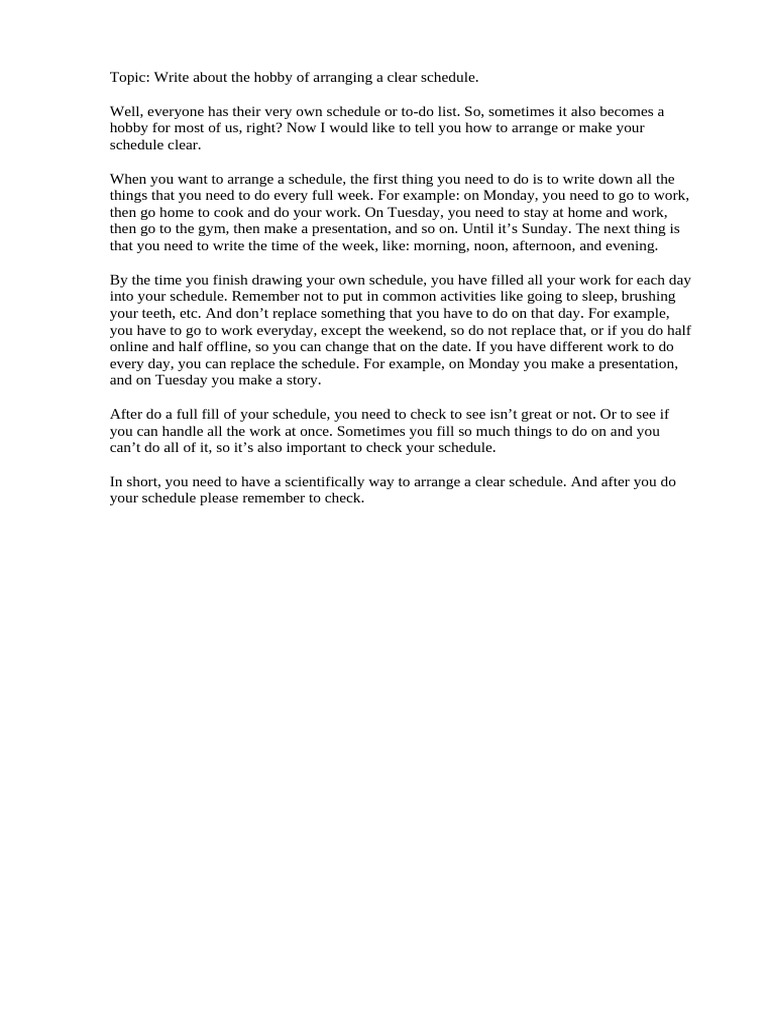 Topic Write About The Hobby of Arranging A Clear Schedule. | PDF