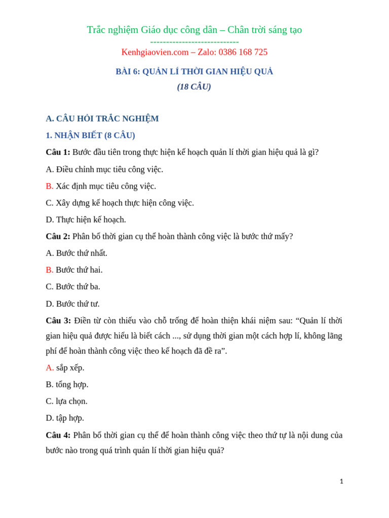 TN GDCD 9 Bai 6 Quan Li Thoi Gian Hieu Qua | PDF