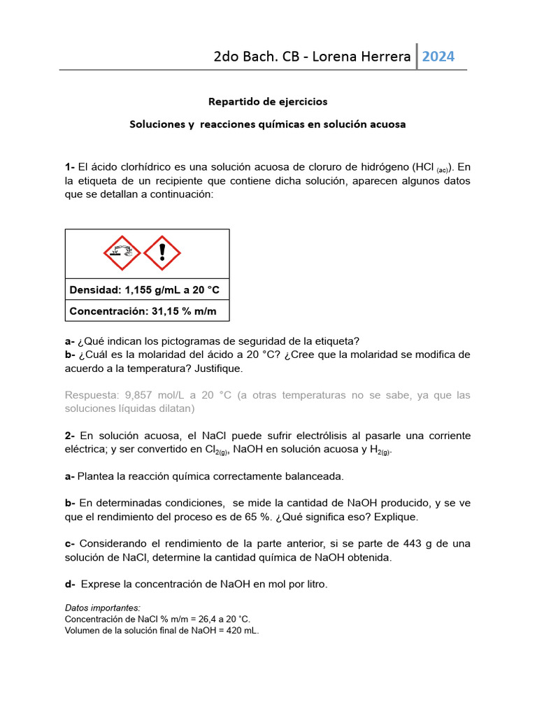 Repartido Soluciones y Estequiometría de Reacciones | PDF | Hidróxido de sodio | Ácido clorhídrico