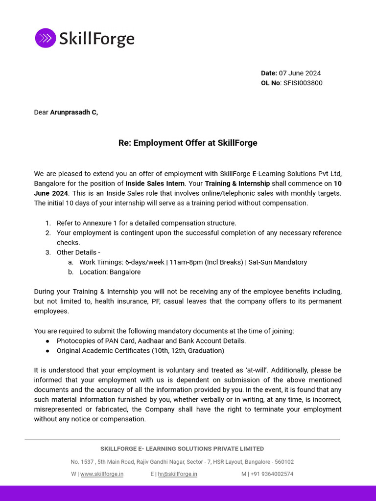 SkillForge offer Letter Arunprasadh C | PDF | Employment | Business