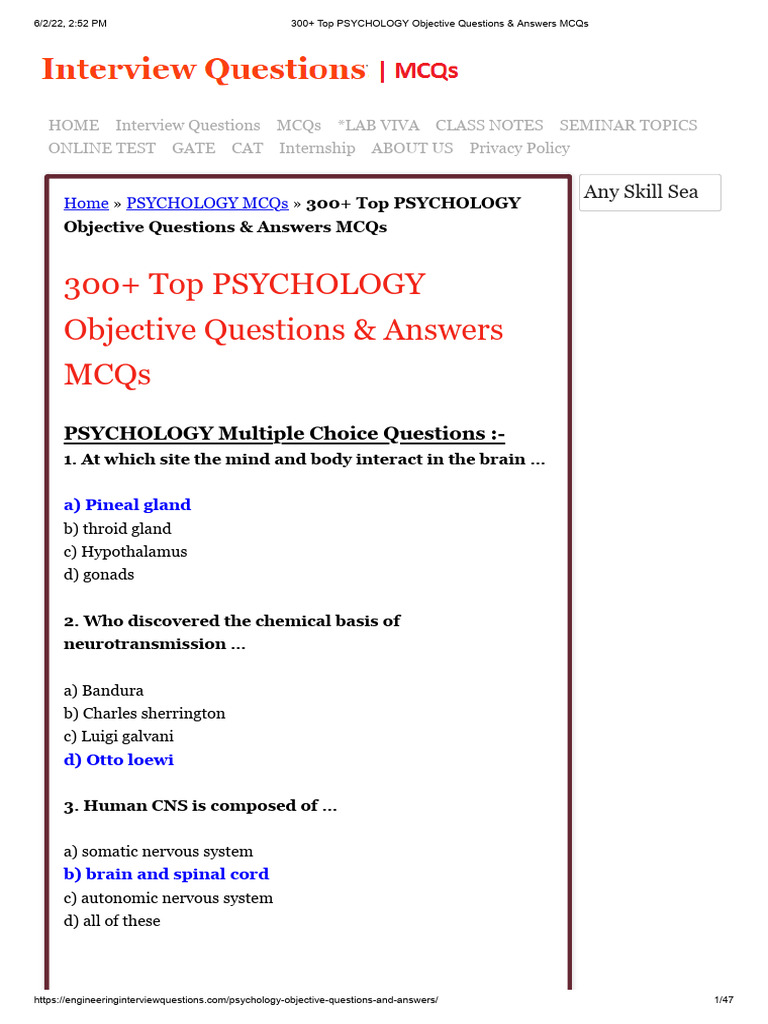 Psychology MCQs: Questions & Answers | PDF | Id | Perception