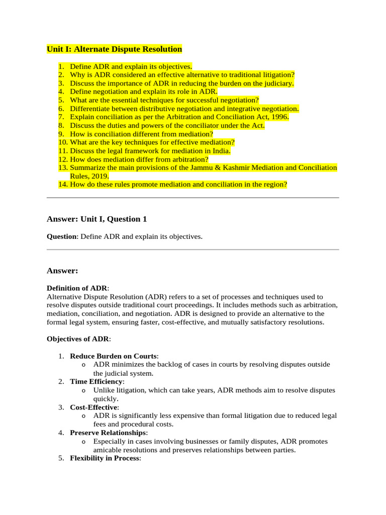 ADR Question Bank by Sujeet Kumar | PDF | Mediation | Alternative ...