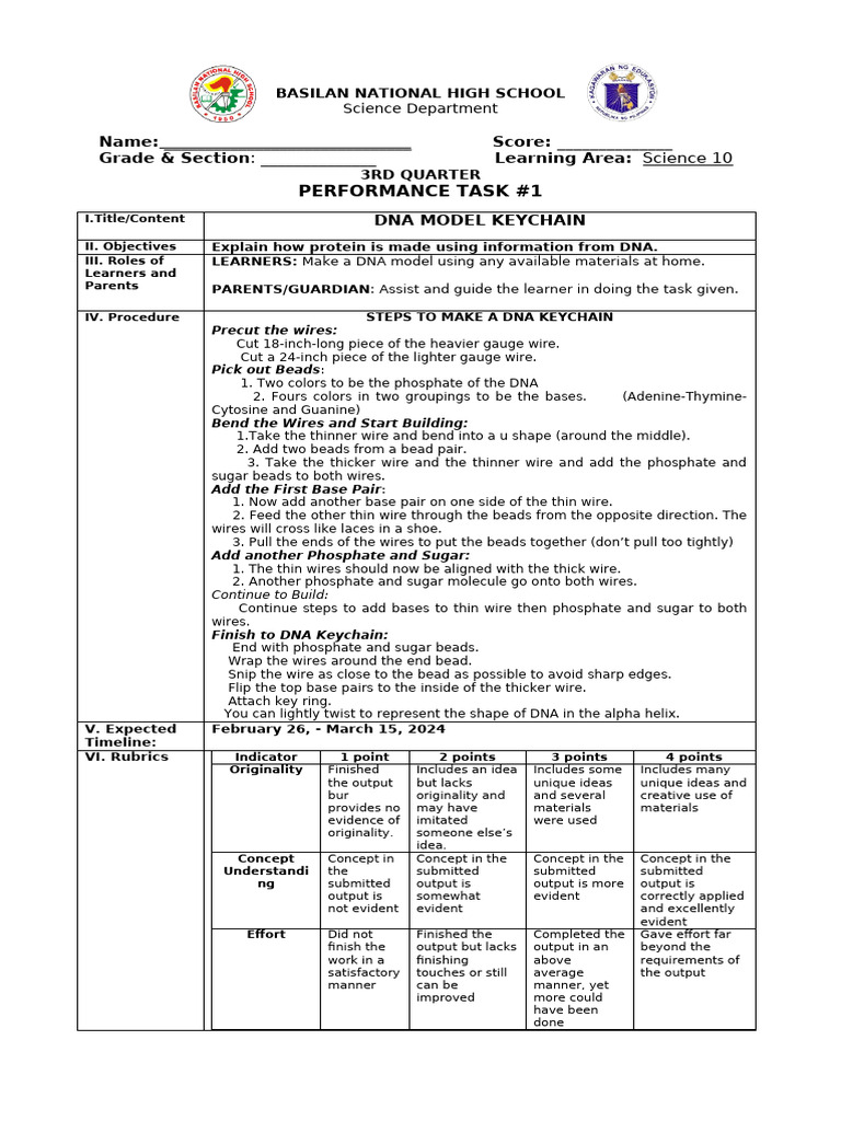 Q3W4-PERFORMANCE-TASK-1-DNA-Model | PDF | Dna | Wire