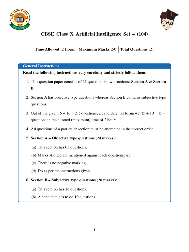 CBSE Class 10 Artificial Intelligence Question Paper 2024 With Solutions | PDF | Machine ...