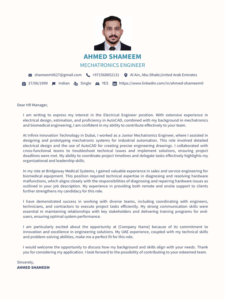 Ahmed Shameem's Engineering Cover Letter | PDF | United Arab Emirates ...
