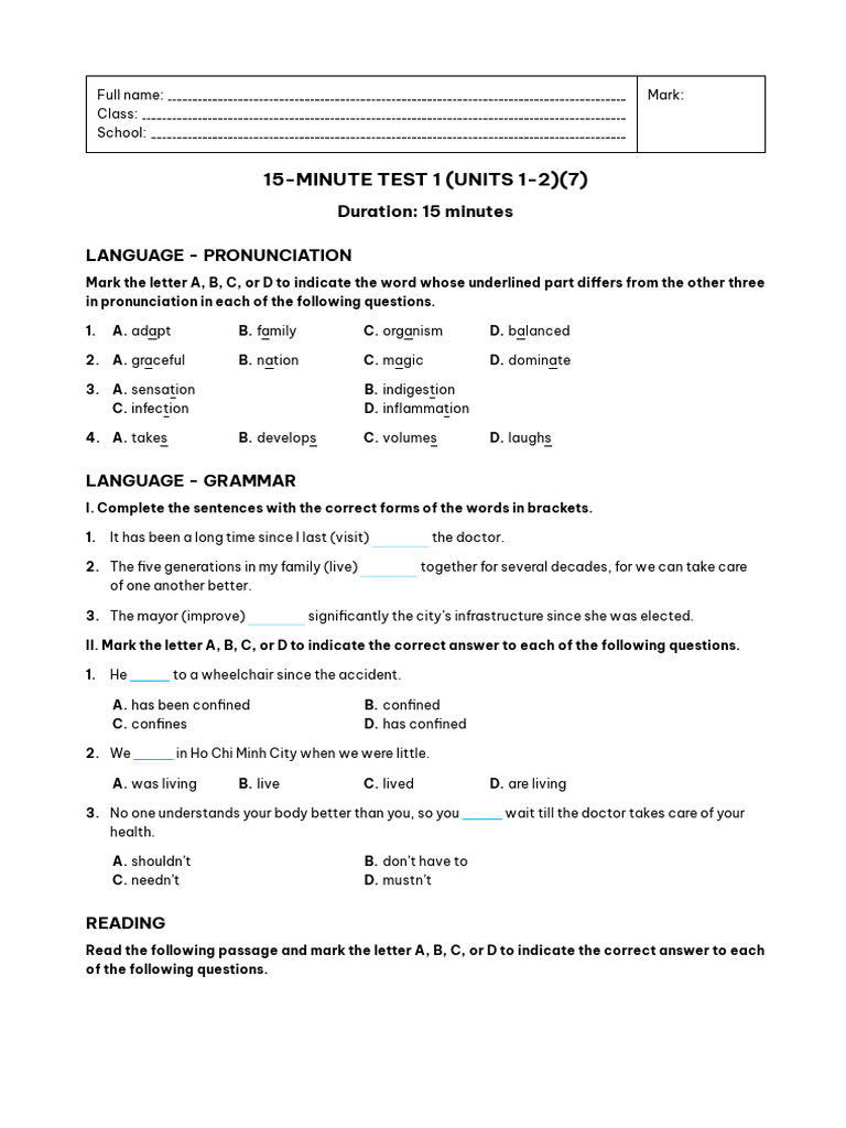 15-Minute Test 1 (Units 1-2) | PDF | Vitamin