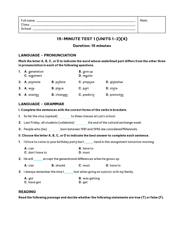 15-MINUTE TEST 1 (UNITS 1-2)(4) | PDF | Syntax | Grammar