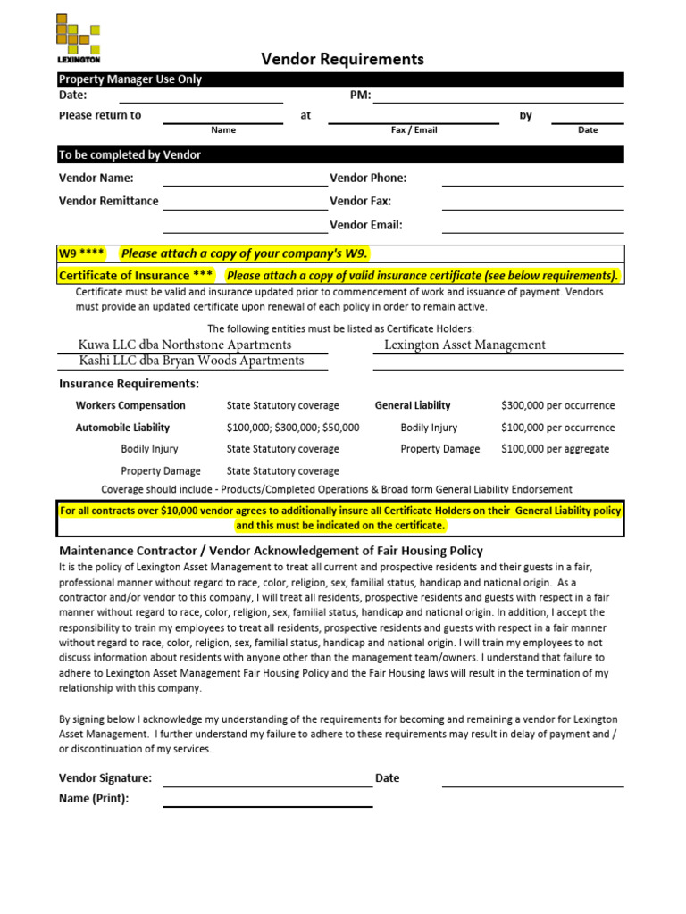 Lexington Asset Management - Vendor Packet | PDF | Liability Insurance ...