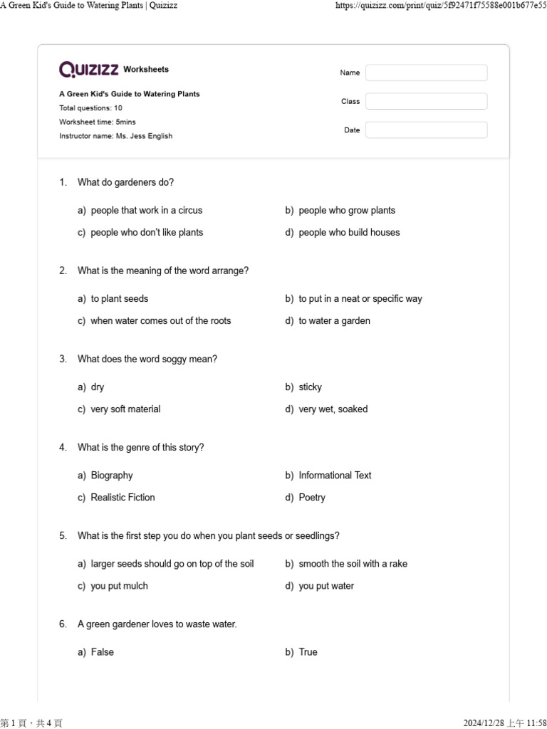 A Green Kid's Guide To Watering Plants - Quizizz | PDF | Mulch | Plants