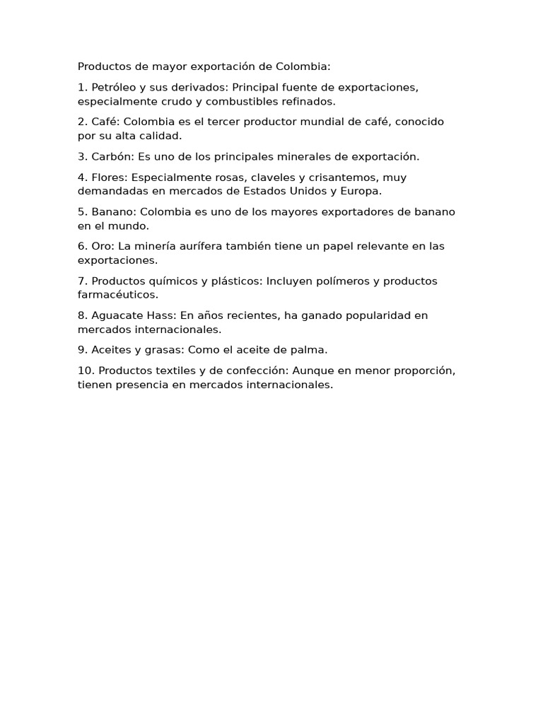 Productos Mayor Exportacion Colombia | PDF