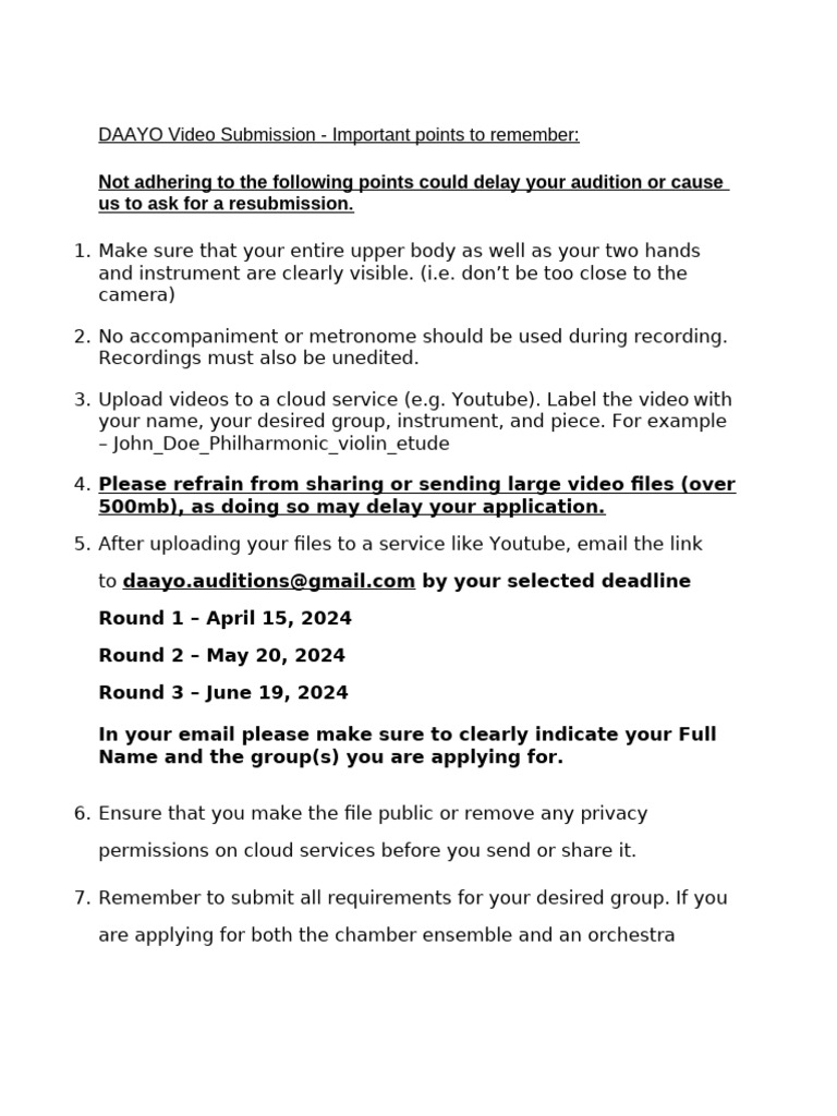 DAAYO Audition Video Submission Guidelines | PDF