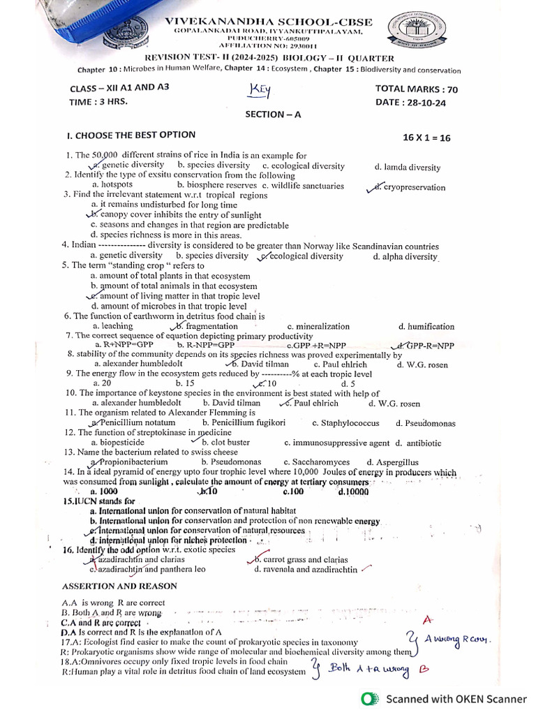 Xii 3RD Revi Bio Ans Key | PDF