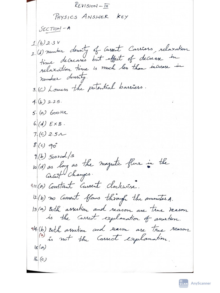 Xii 3RD Revi Phy Ans Key | PDF