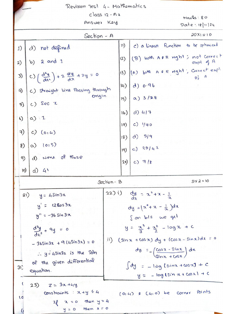 Class 12 Maths Revision 4 Answer Key | PDF