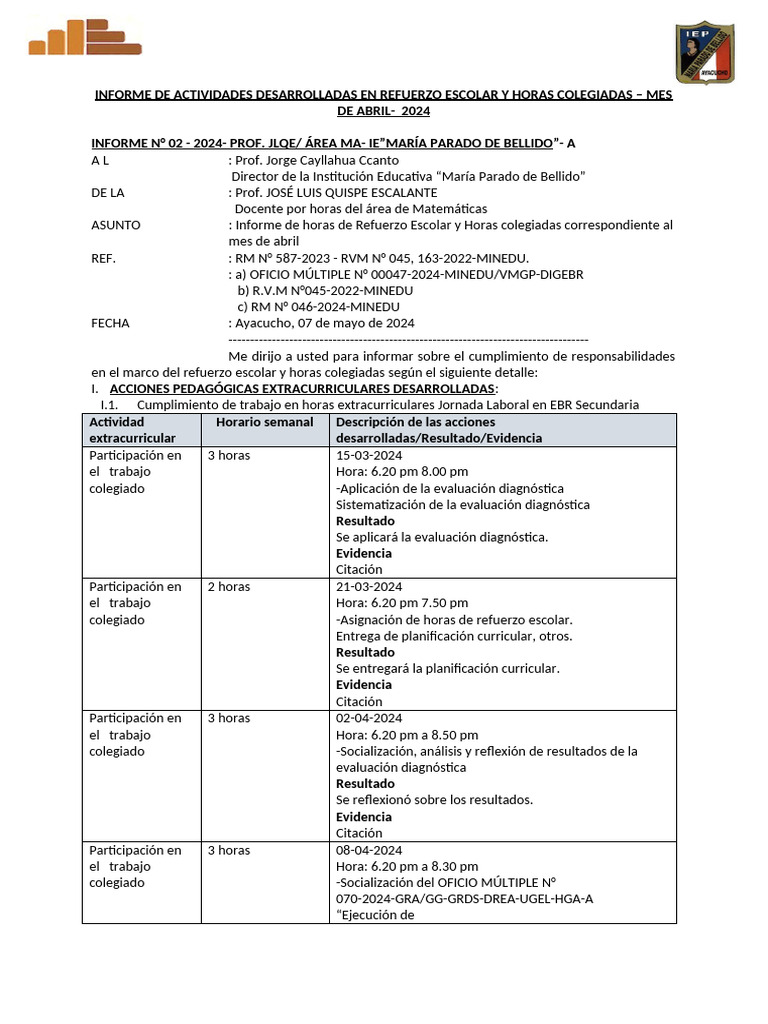 1 - Informe-Model - de Abril-Hor - Coleg-Re - 2024 | PDF | Evaluación | Modificación de ...