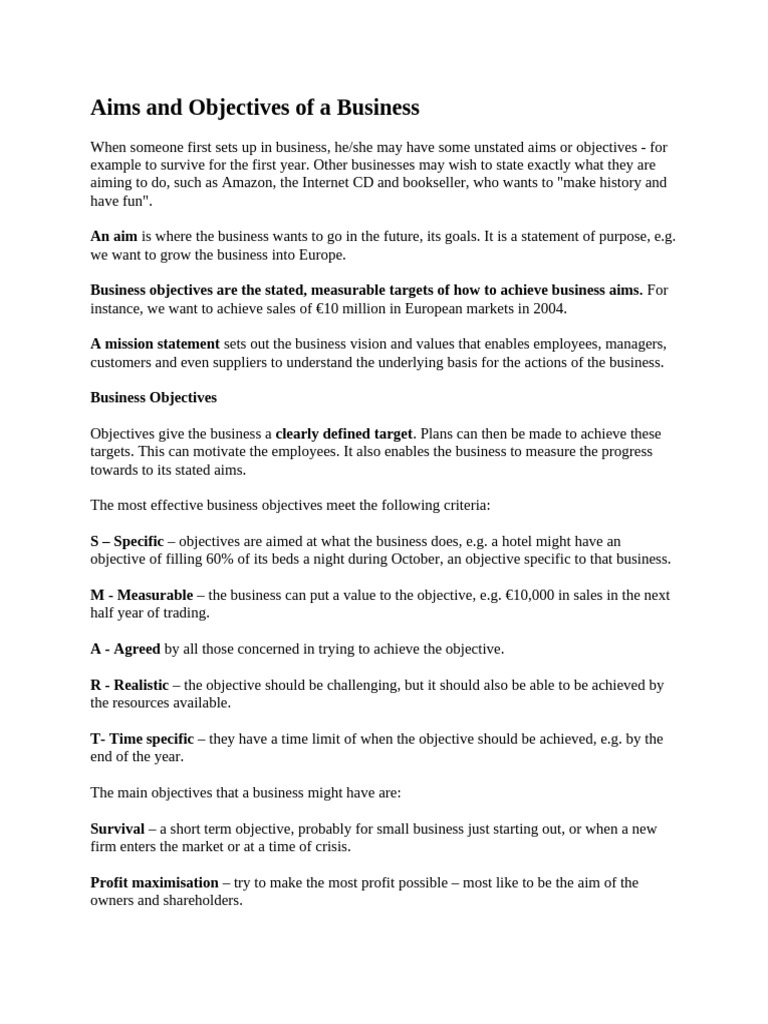 Aims and Objectives of A Business | PDF | Goal | Economies