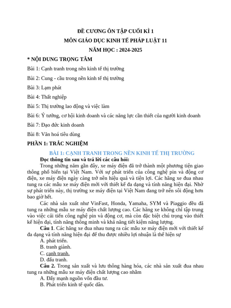 Đáp Án Đề Cương Ôn Tập Ktpl 11 Cuối Kì 1 - Có Đáp Án | PDF