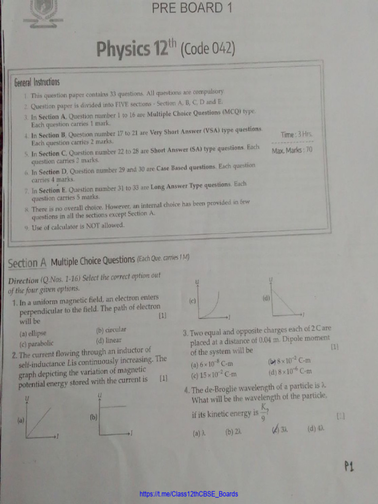 Physics PreBoard 1 | PDF