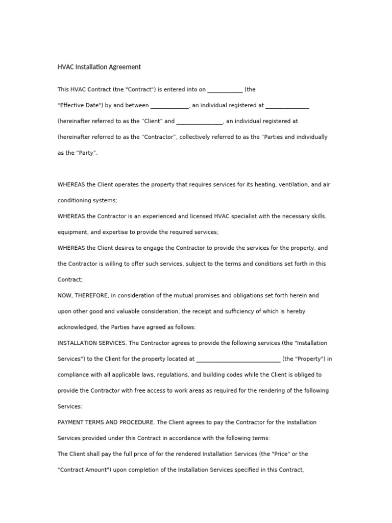 HVAC Installation Agreement | PDF | Indemnity | Liability Insurance