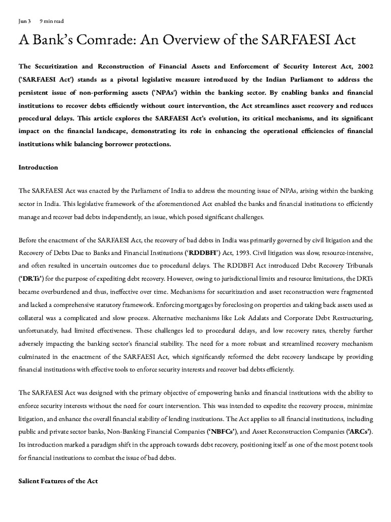 A Bank's Comrade - An Overview of The SARFAESI Act | PDF | Security ...