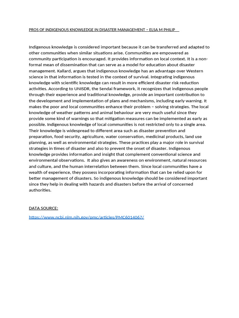 Pros of Indigenous Knowledge in Disaster Management | PDF