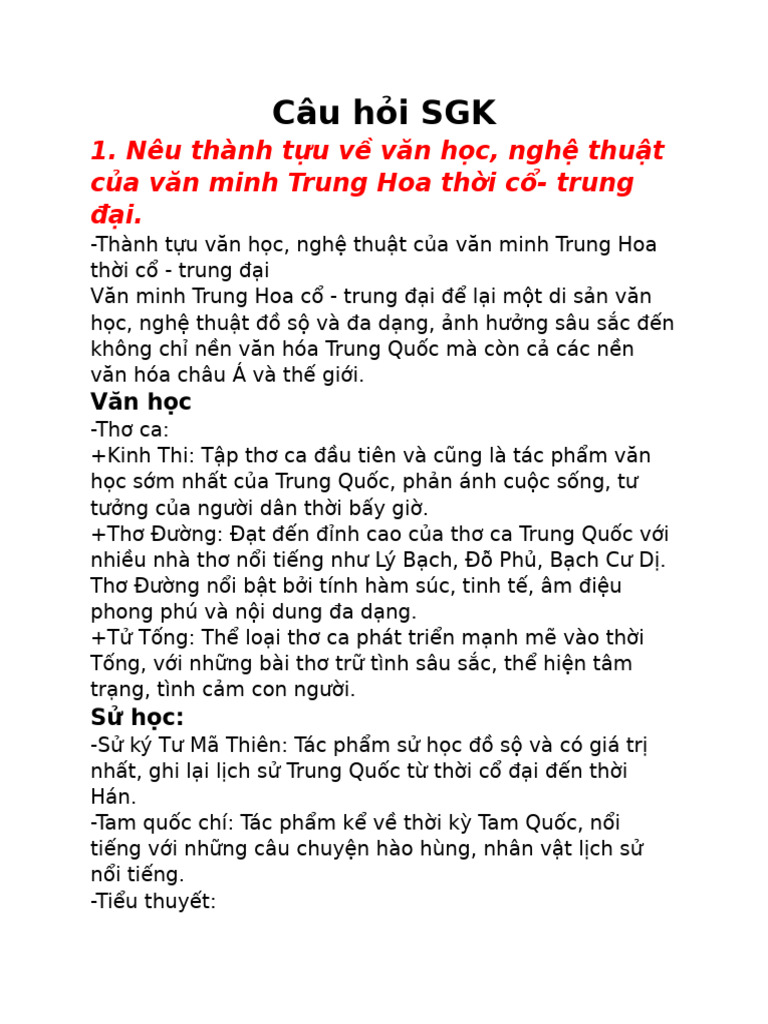 Câu hỏi SGK: 1. Nêu thành tựu về văn học, nghệ thuật của văn minh Trung Hoa thời cổ-trung đại | PDF