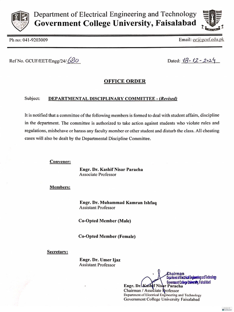 Office Order Revised Discipline Committe | PDF