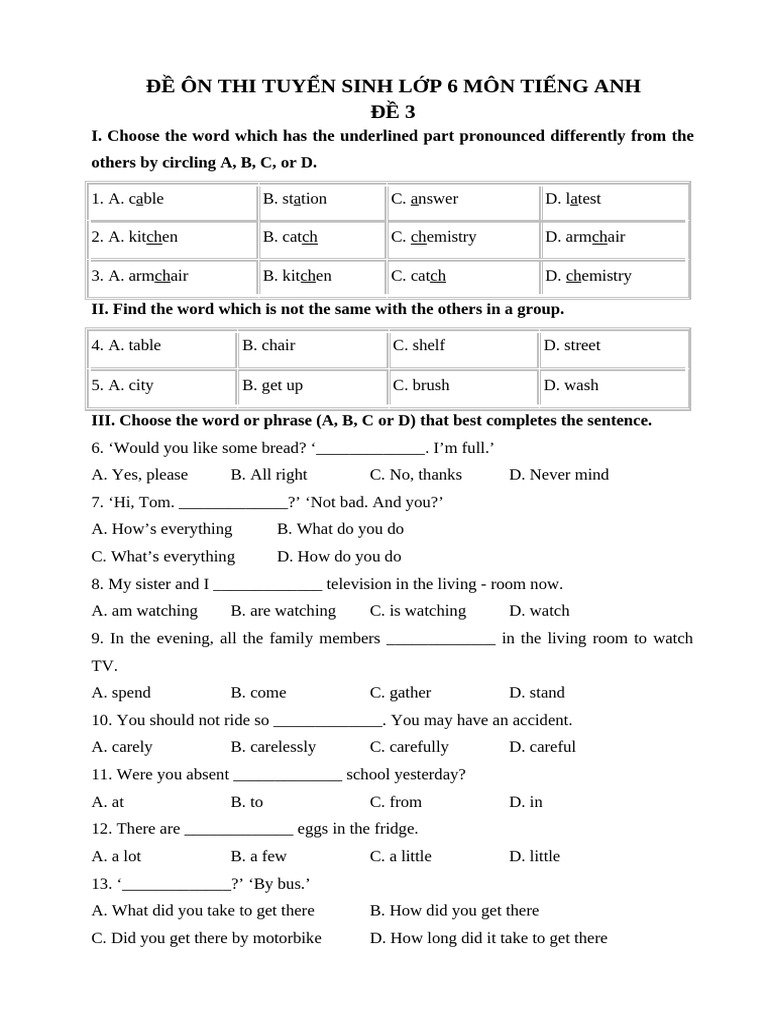 De Luyen Thi Vao Lop 6 Mon Tieng Anh Nam 2020 2021 So 3 | PDF