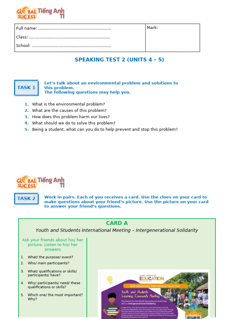 Speaking Test 2 (Units 4-5) | PDF