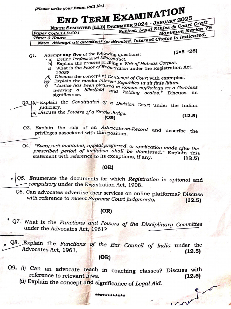 2024-2025 (BBA-LLB-9th Sem Question Paper) | PDF