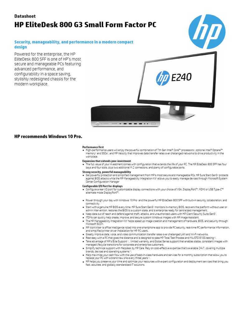 HP Elitedesk 800 g3 SFF Specs | PDF | Windows 10 | Usb