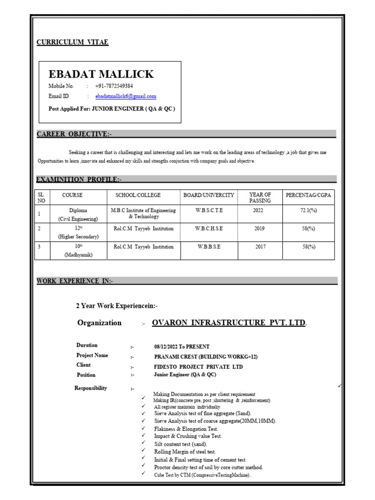 EBADAT MALLICK RESUME-1 (1) (1) | PDF | Concrete